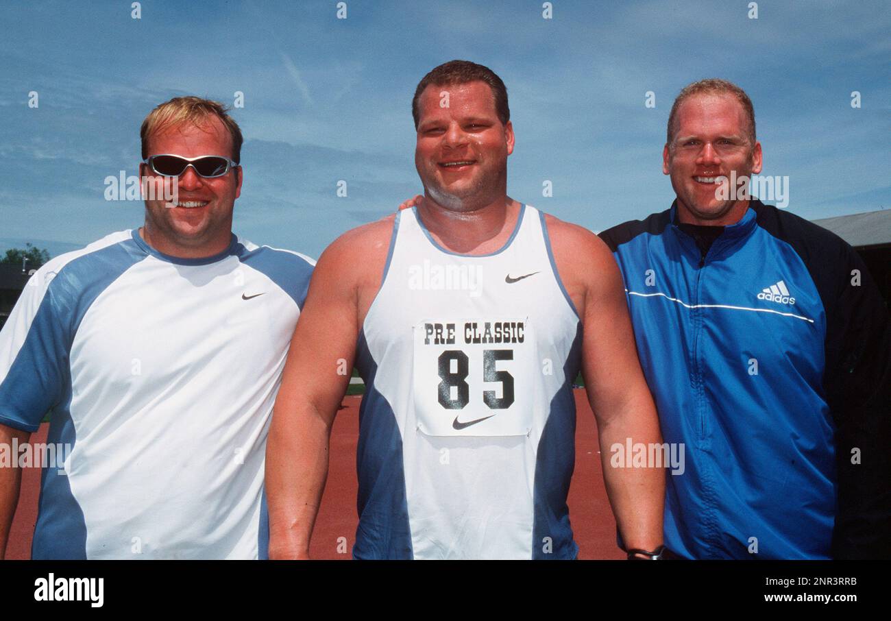 May 26, 2002; Eugene, OR, USA; Shot putters Adam Nelson (left), Kevin ...