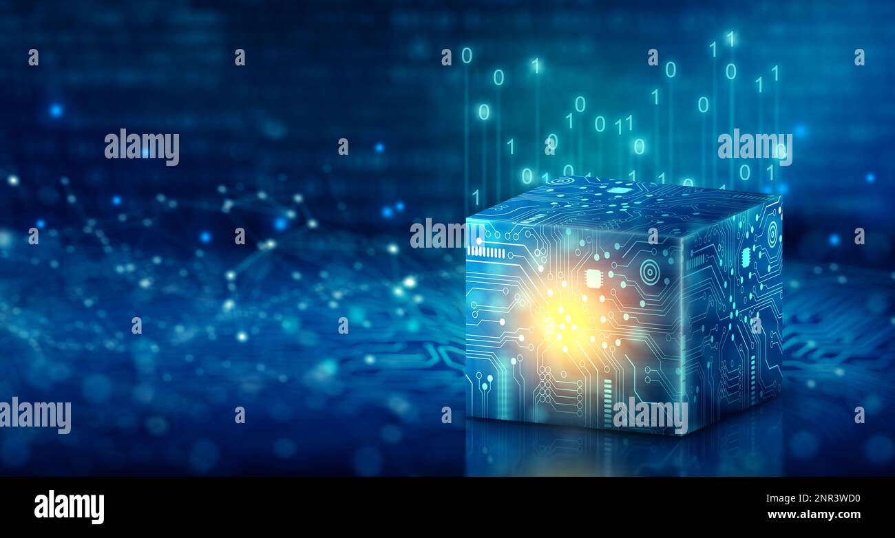 Cube Technology On Converging Point Of Circuit With Abstract Blue Background Blockchain Network