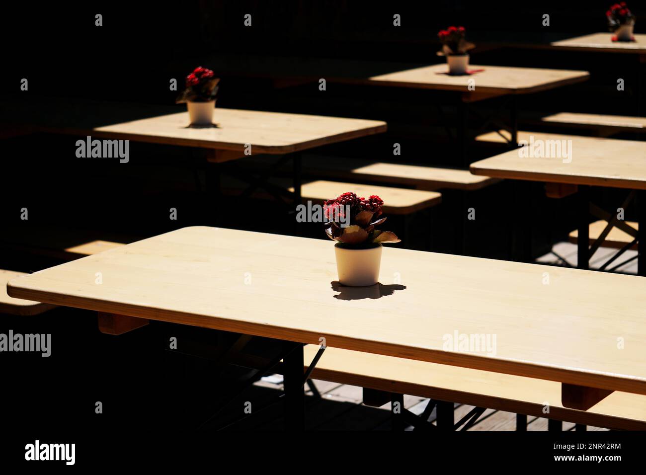 empty german biergarten or beer garden, wooden outdoor tables and ...