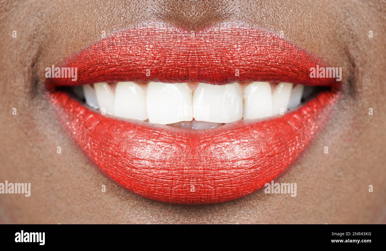 beautiful smile close-up, african woman mouth with full lips, red ...