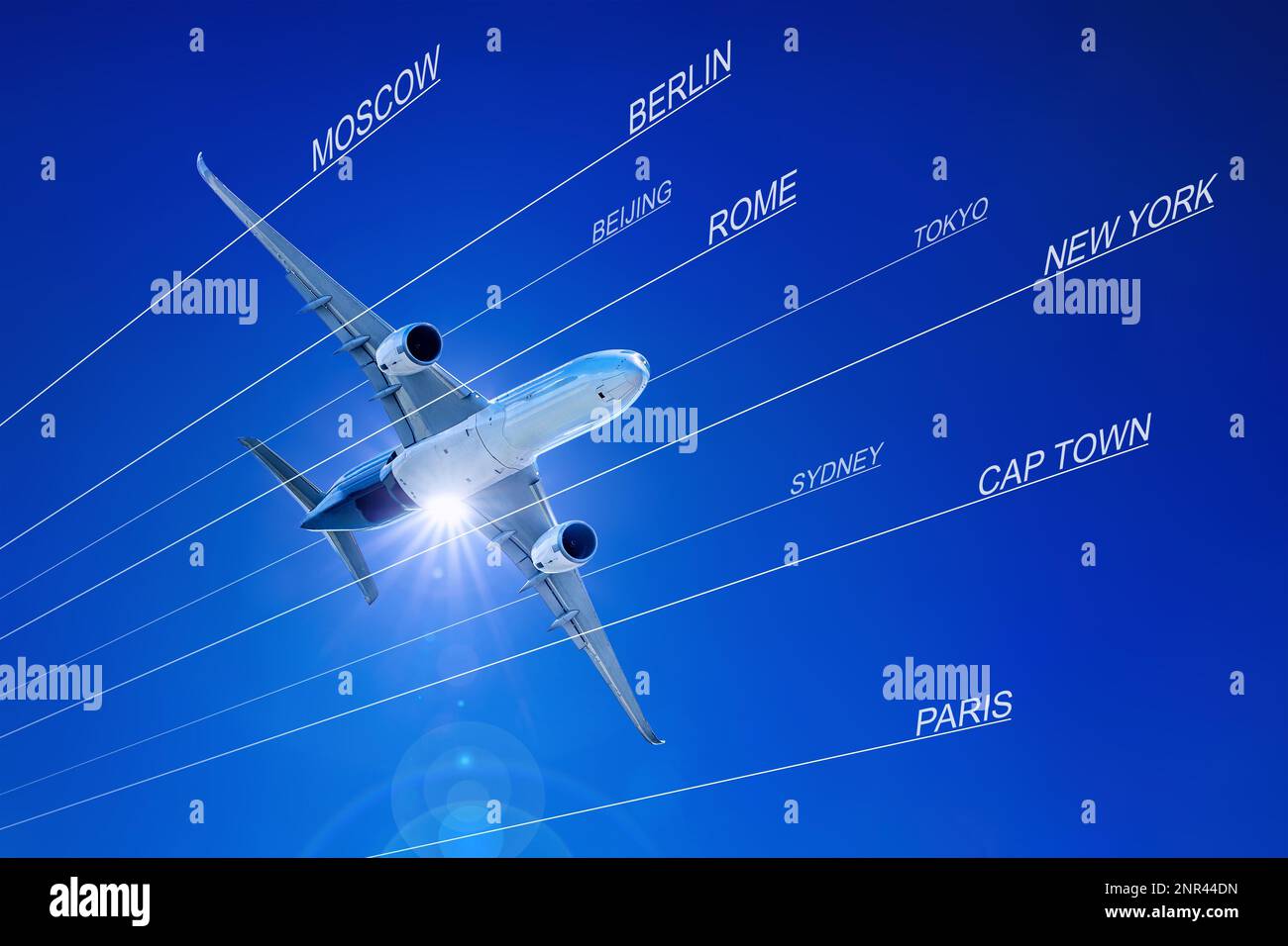 modern airplane against a blue sky with various destinations Stock ...
