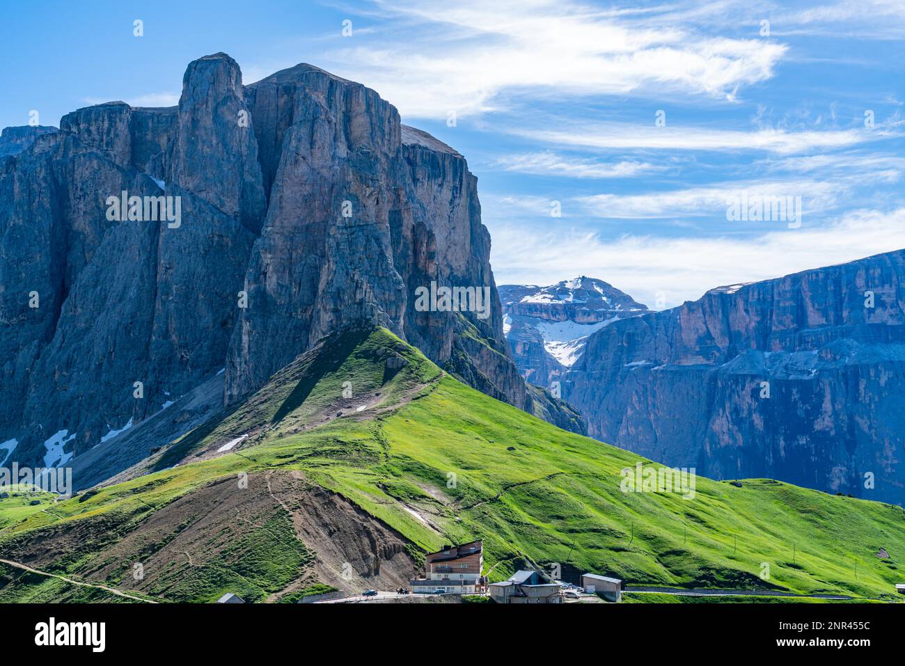 View of Sella Group in the Italian Dolomite Mountain with the hill of ...