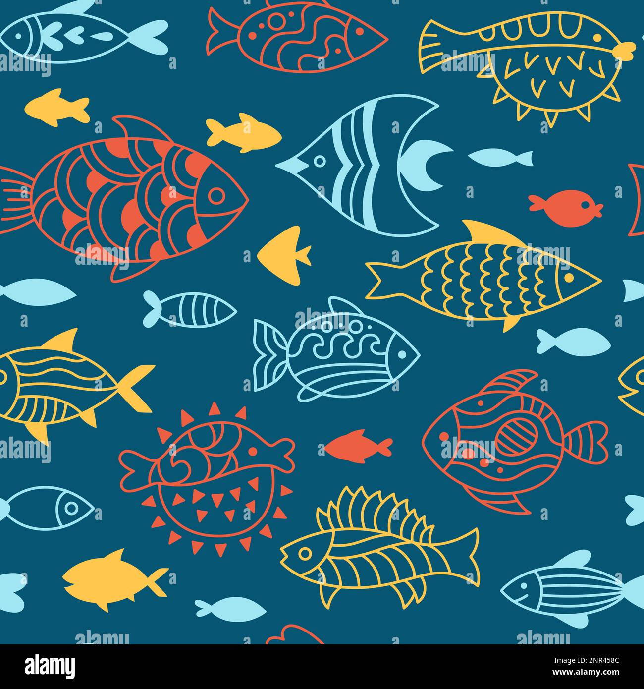 Fish abstract tropical ornaments doodle seamless pattern. Linear exotic ...