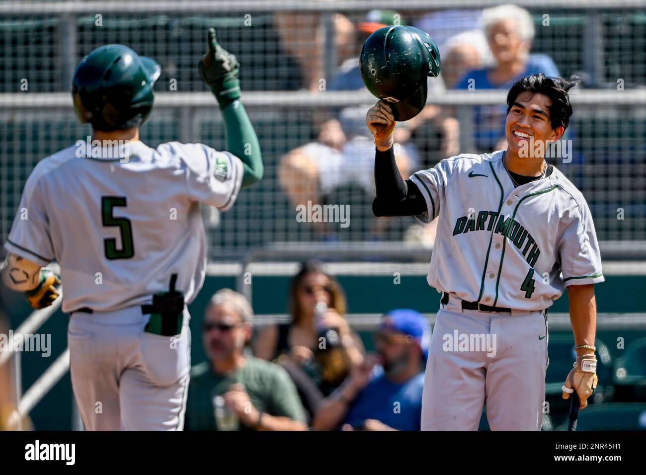 Dartmouth infielder Milo Suarez (5) celebrates hitting a home run with ...