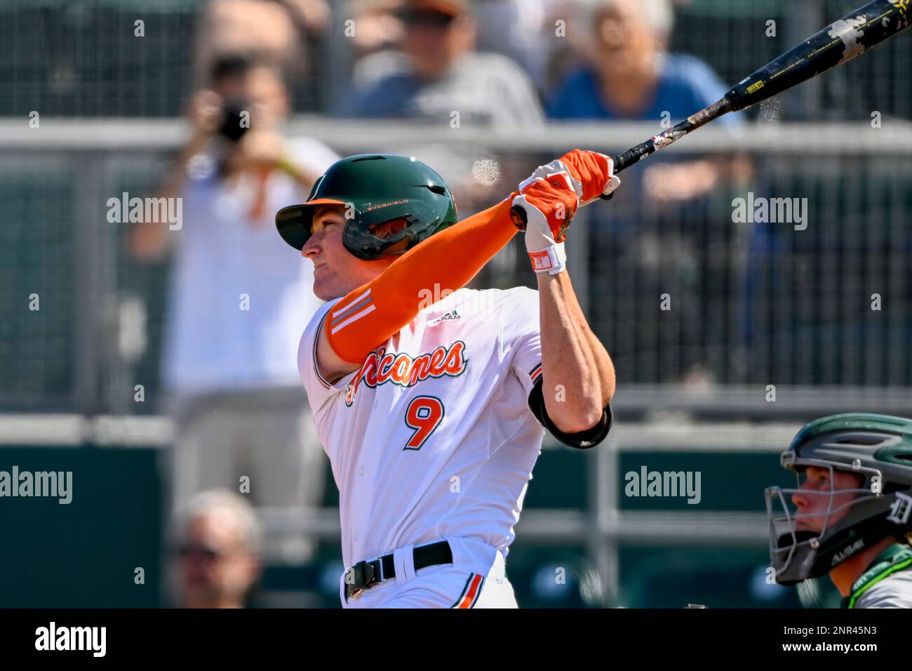 Miami outfielder Zach Levenson bats during an NCAA baseball game ...