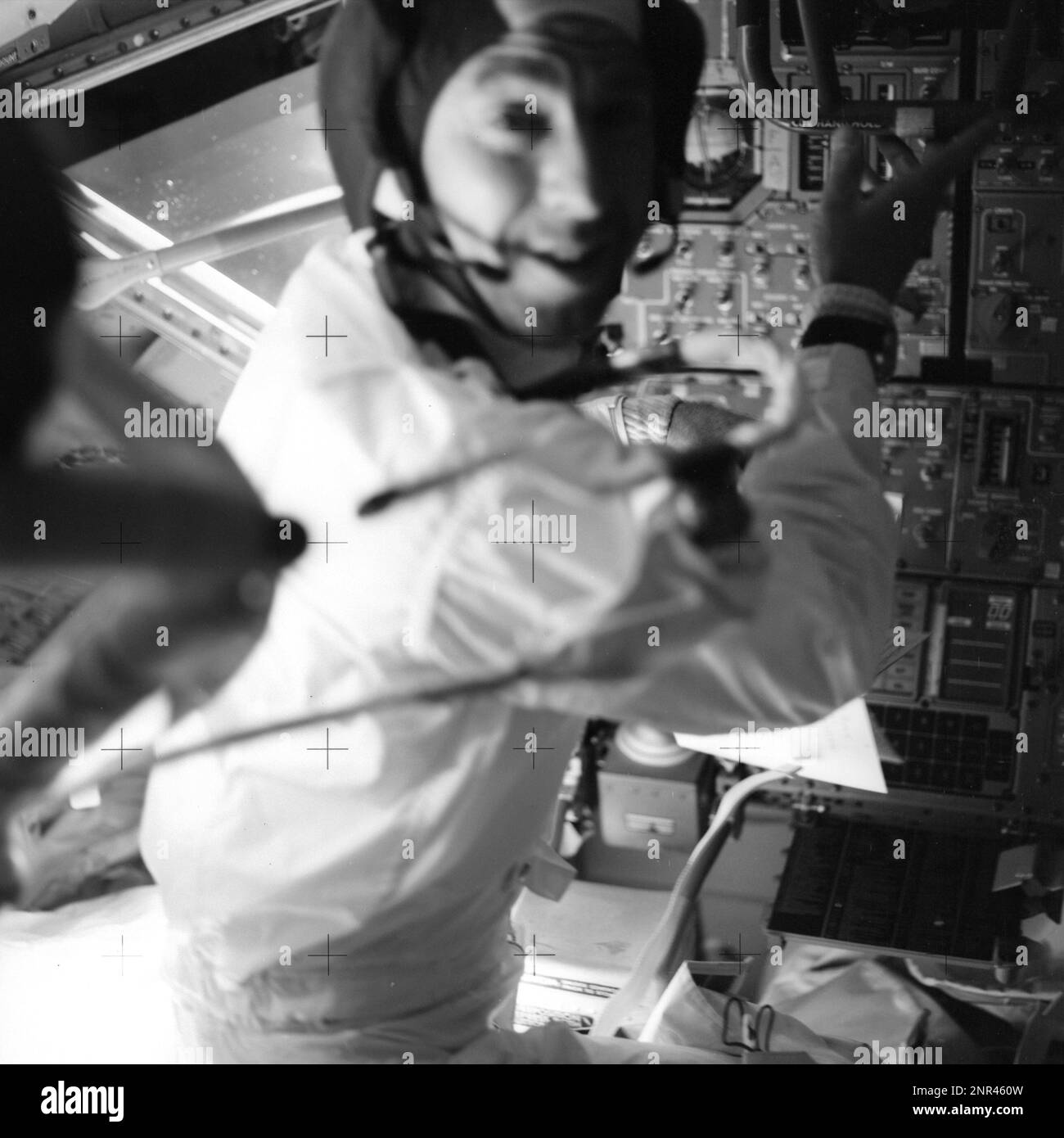 In this April 17, 1970 photo made available by NASA, astronaut Jim Lovell, inside the Apollo 13 ...