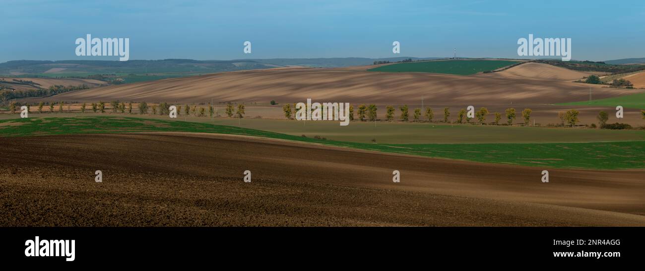 A very large panorama of beautifully undulating Moravian fields with an ...