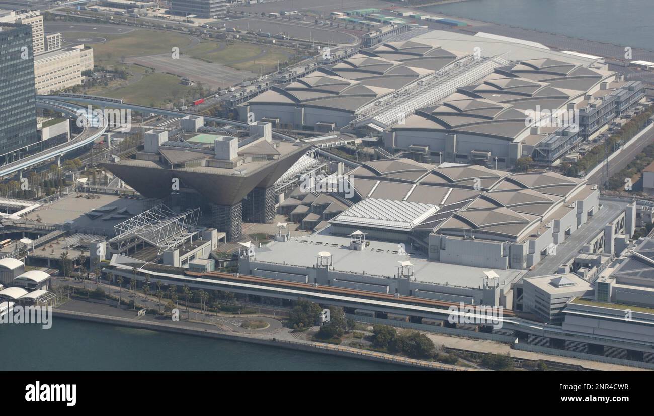 An aerial photo shows Tokyo Big Sight that will be used as a Main Press ...
