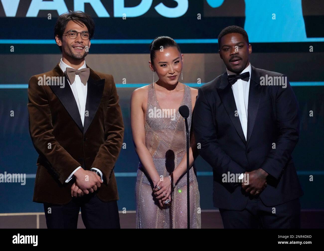Diego Calva, from left, Li Jun Li and Jovan Adepo, members of the cast ...