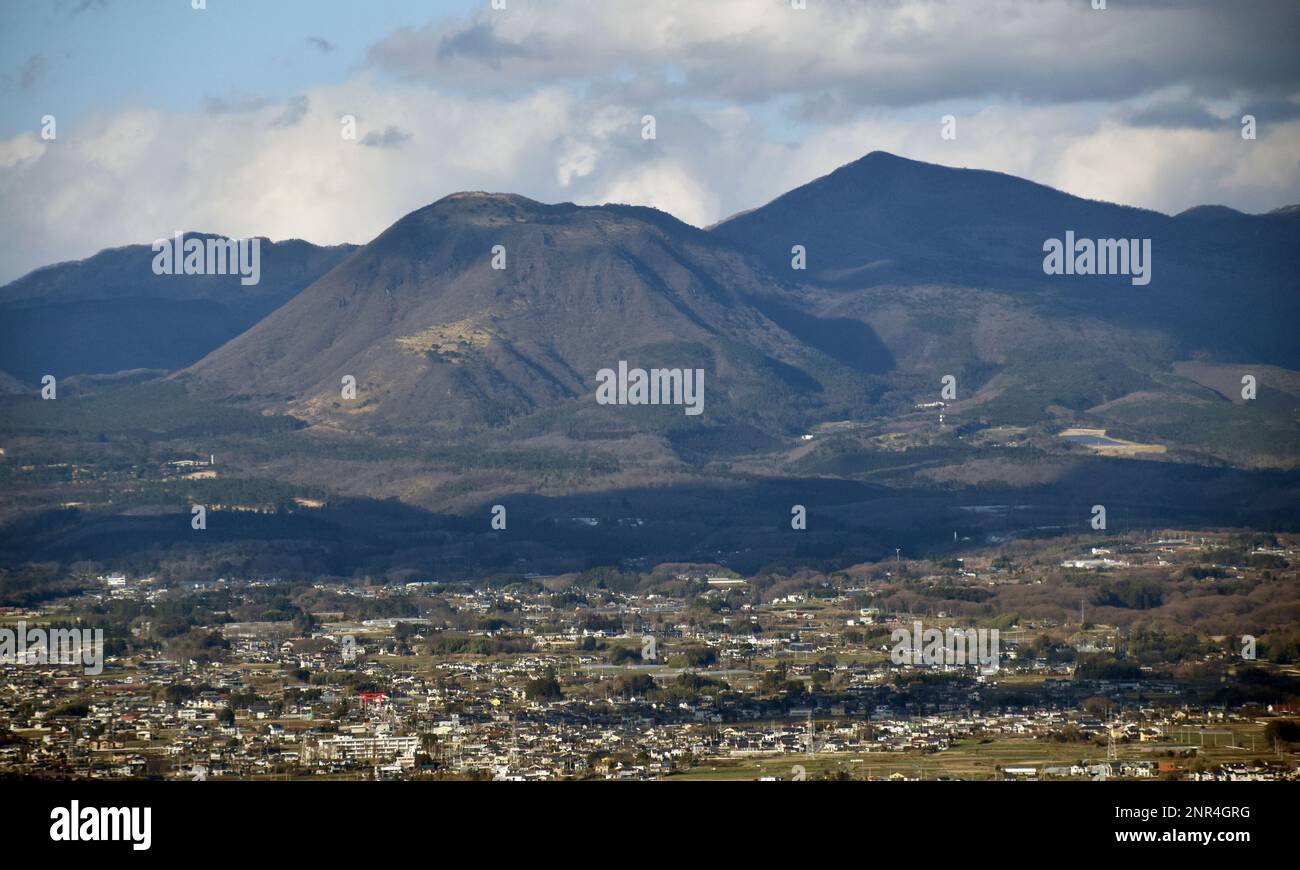 A picture taken on March 20, 2020 shows the city of Maebashi and Akagi ...