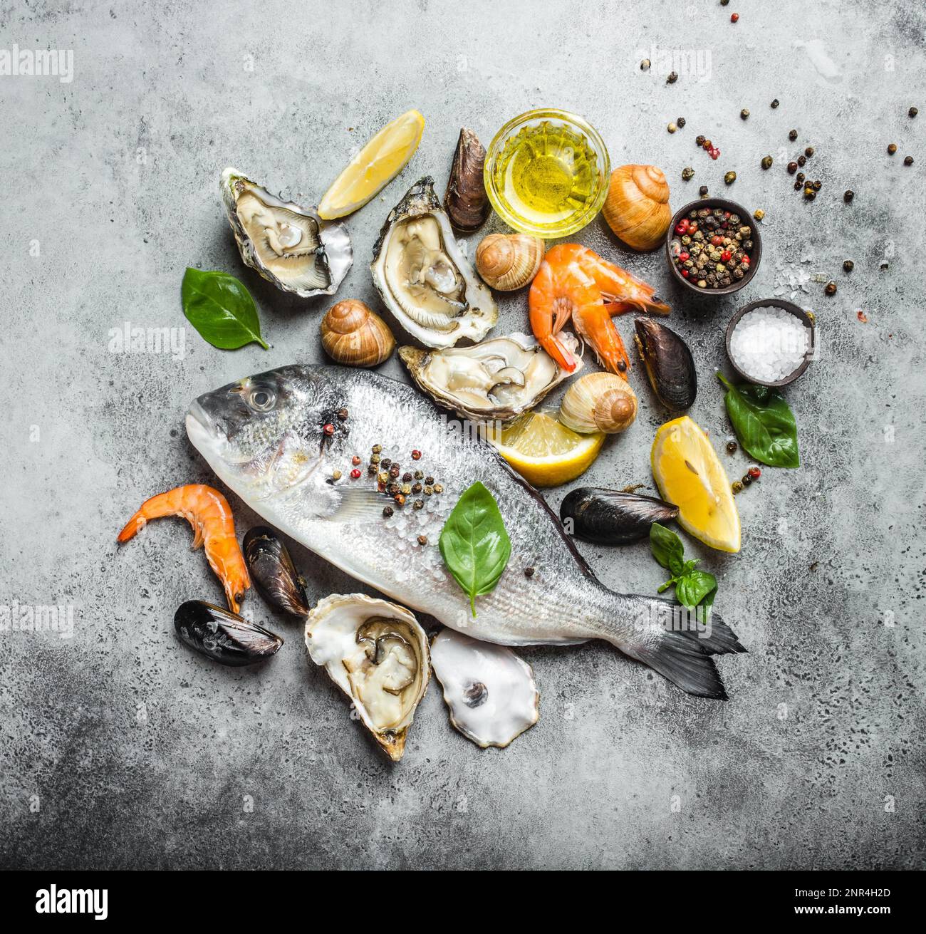 Raw fish Dorado and fresh seafood oysters, shrimps, clams, mussels ...