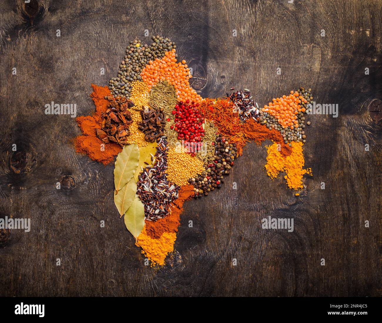 Map of India made from different traditional Indian spices, rice ...
