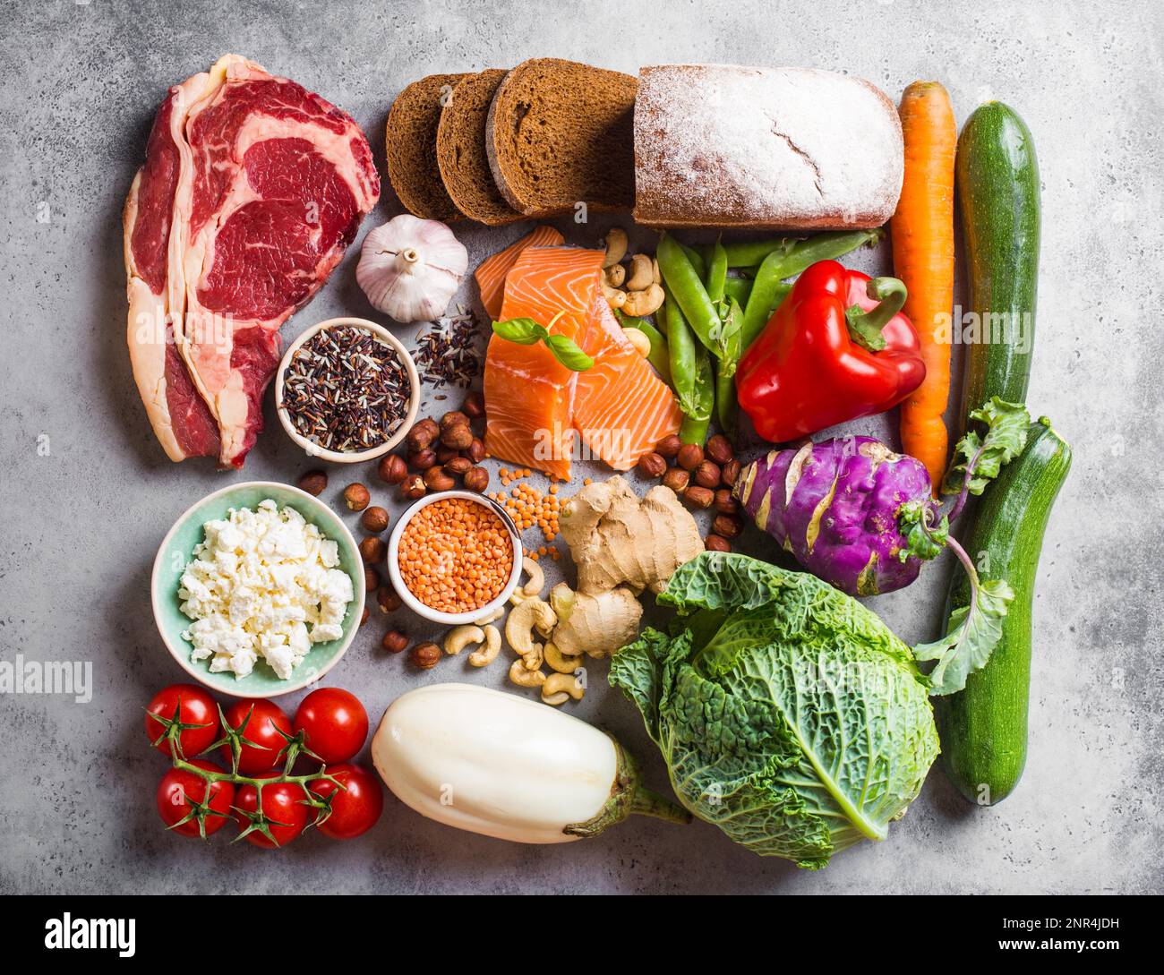 Assortment of healthy balanced food composition: meat, fish, vegetables ...