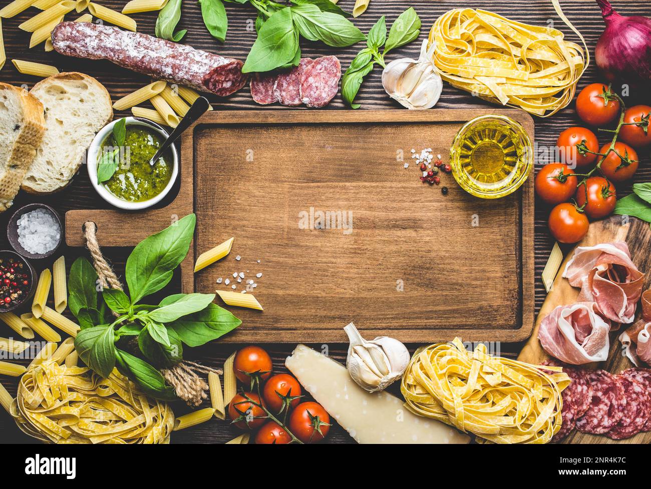 Top view of Italian traditional food, appetizers and snacks as salami ...
