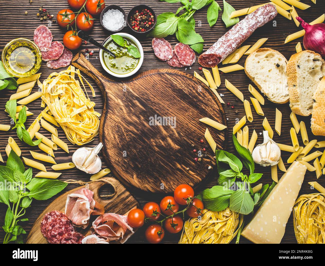 Top view of Italian traditional food, appetizers and snacks as salami ...