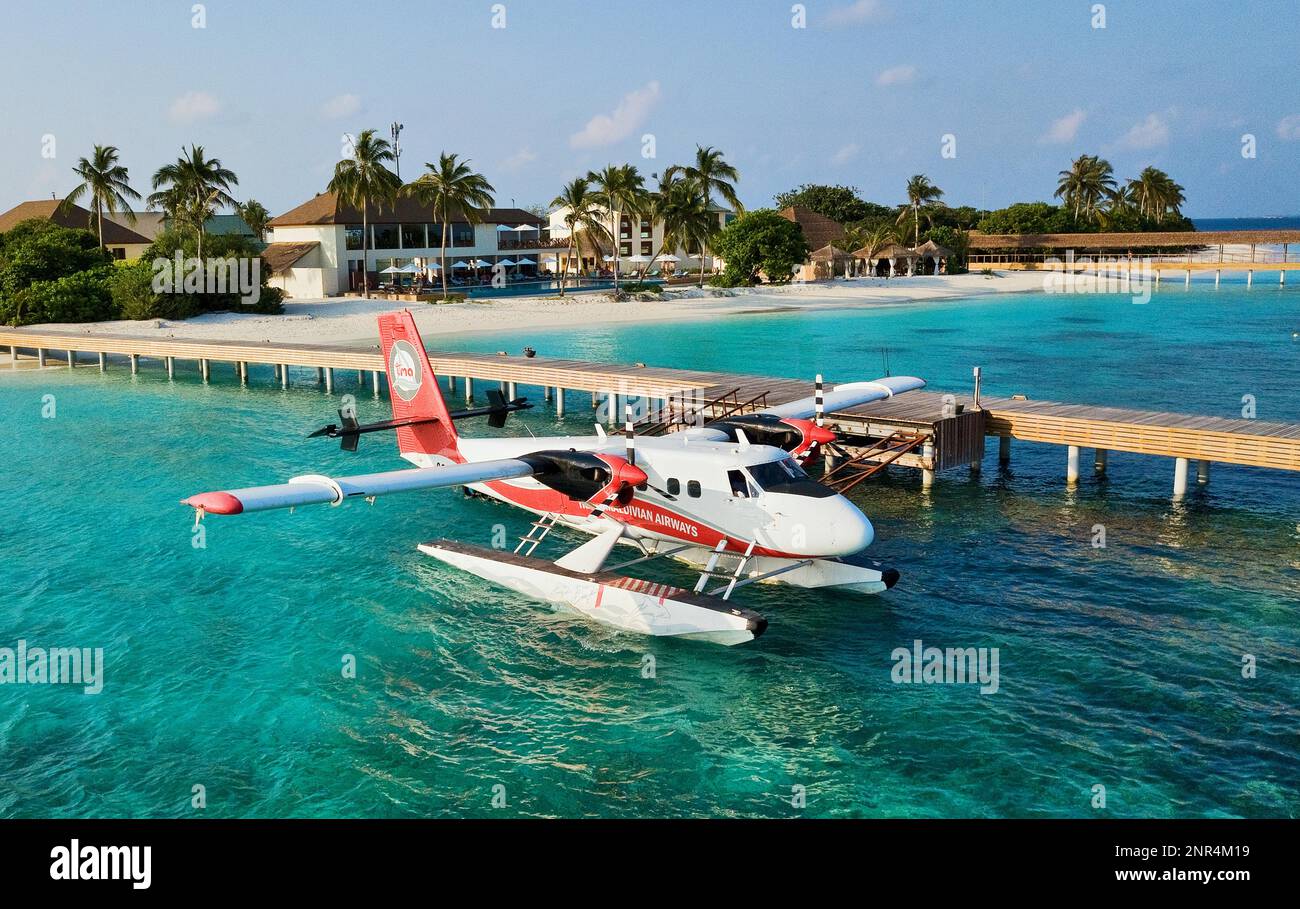 Maldives Filaidhoo Island, Indian Ocean, seaplane at jetty, jetty ...