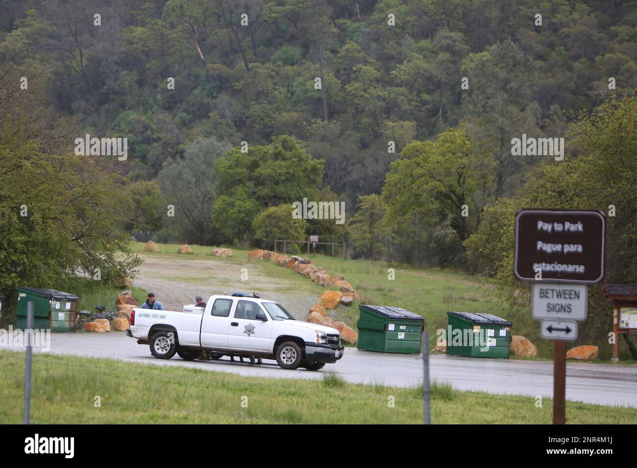 A State Parks vehicle sits in the closed parking lot at the Bridgeport ...