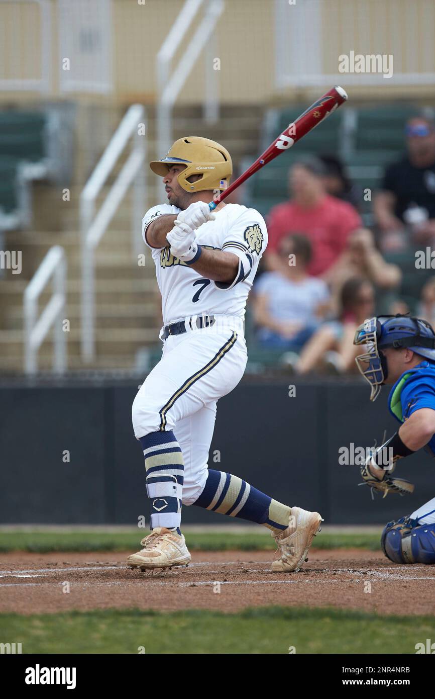 Anthony Orta (7) of the Queens Royals follows through on his swing ...