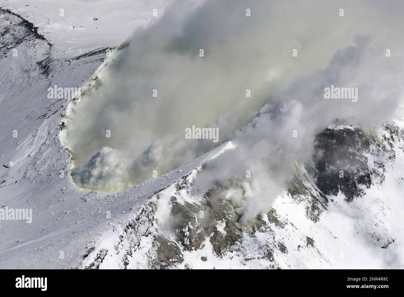 An aerial photo shows Mount Tokachi in Hokkaido Prefecture on March 26 ...