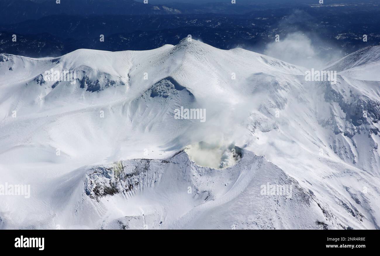 An aerial photo shows Mount Tokachi in Hokkaido Prefecture on March 26 ...