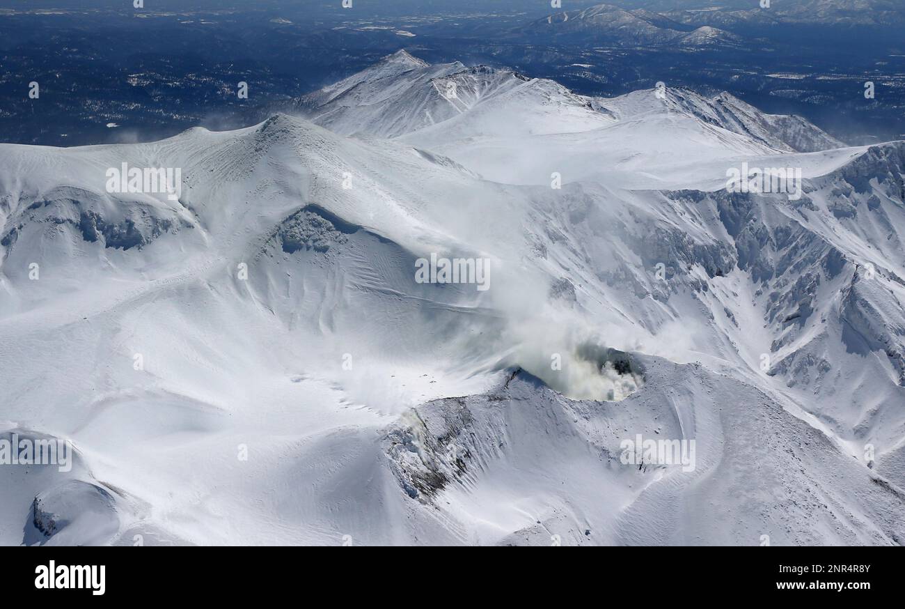An aerial photo shows Mount Tokachi in Hokkaido Prefecture on March 26 ...