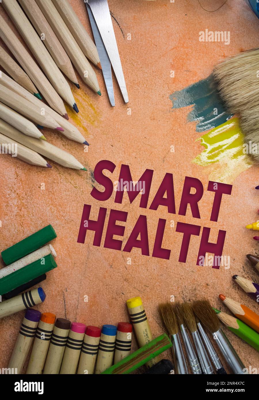 Overhead shot of school supplies with Smart Health text. Brushes ...