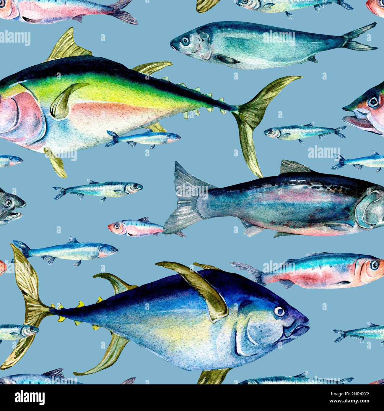 Various wild sea fish seamless pattern watercolor illustration isolated ...