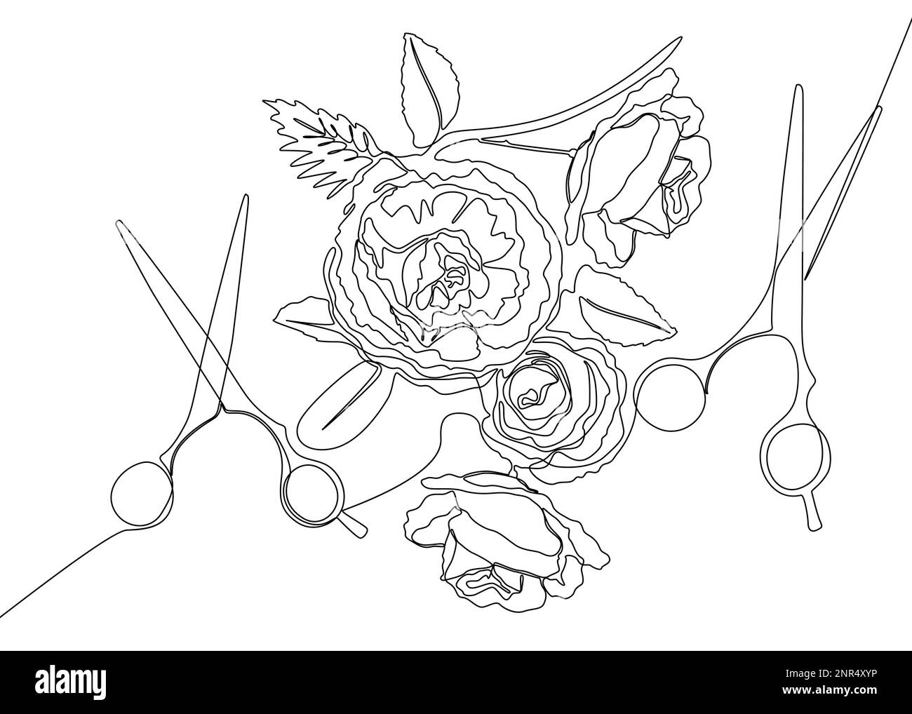One continuous line of scissor with rose flowers. Thin Line ...