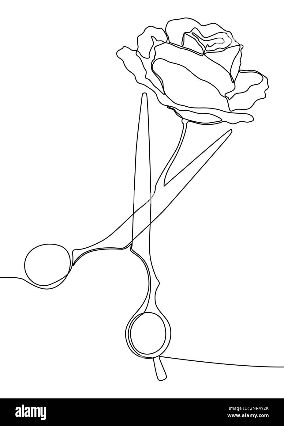 One Continuous Line Of Scissor With Rose Flowers Thin Line Illustration Vector Concept Contour
