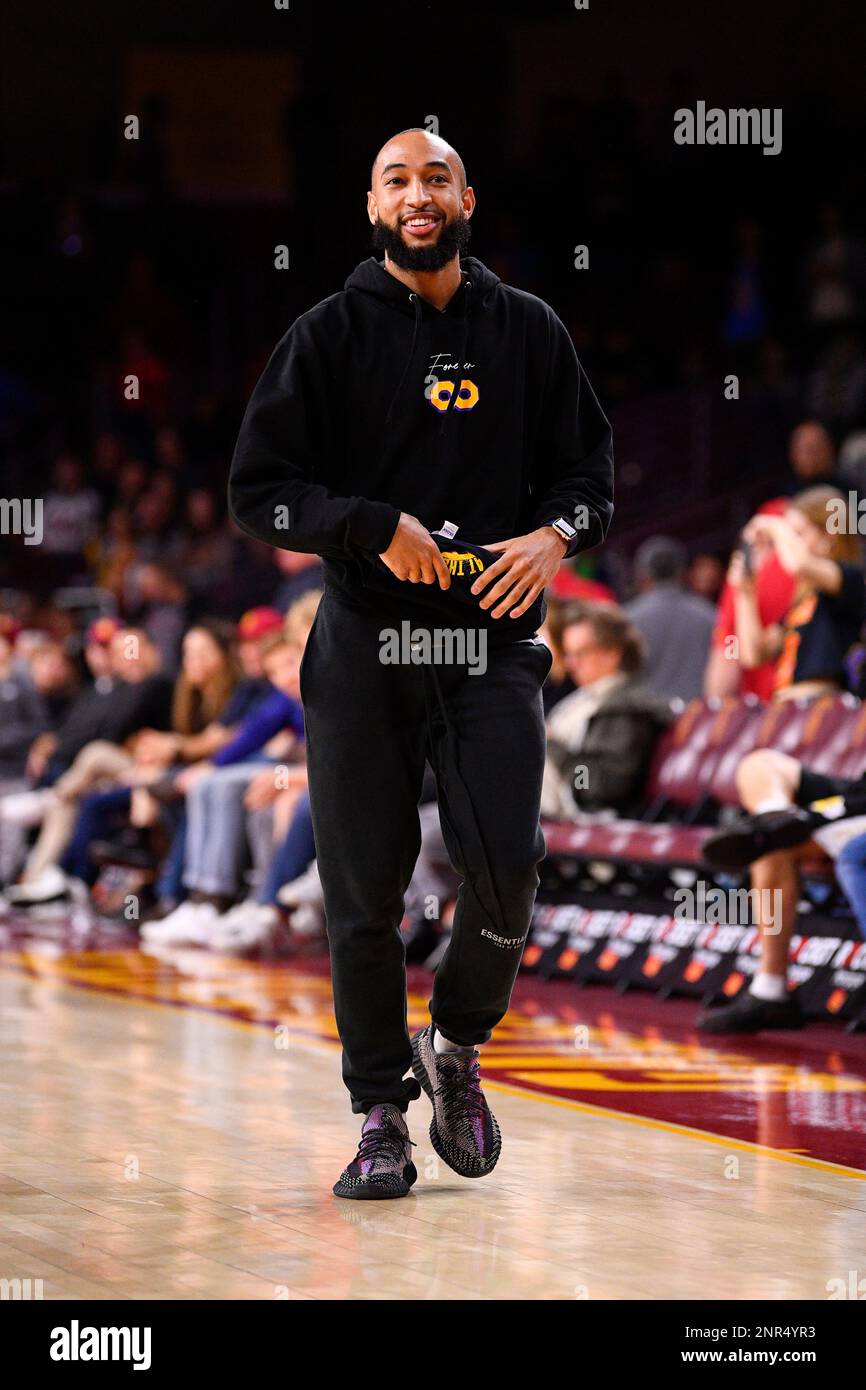 LOS ANGELES, CA - FEBRUARY 01: Former USC player Jordan McLaughlin looks on during a college ...