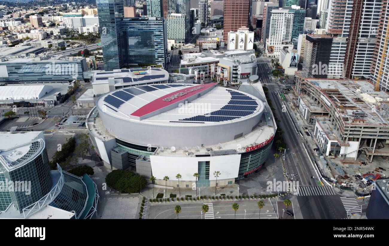 General overall aerial view of the Staples Center, Saturday, March 21 ...