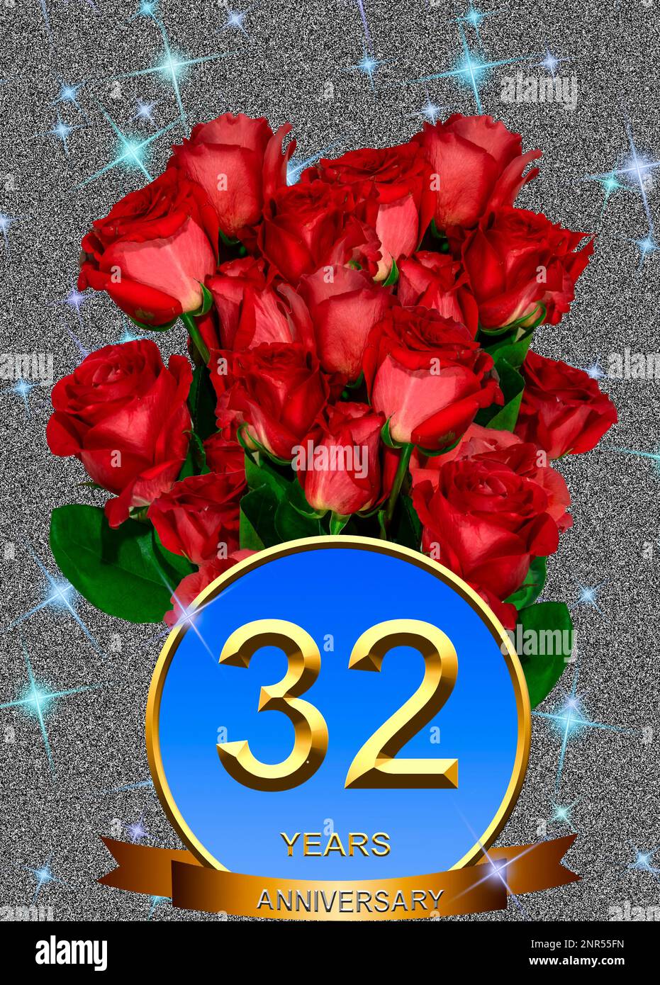 3d illustration, 32 anniversary. golden numbers on a festive background ...