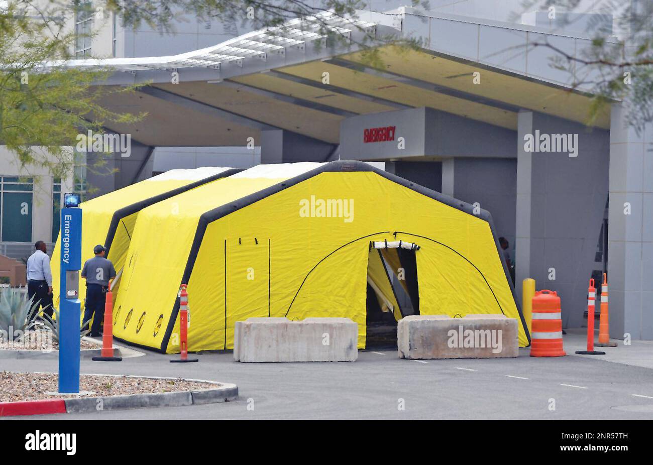Two testing tents for the coronavirus are erected in front of the main ...