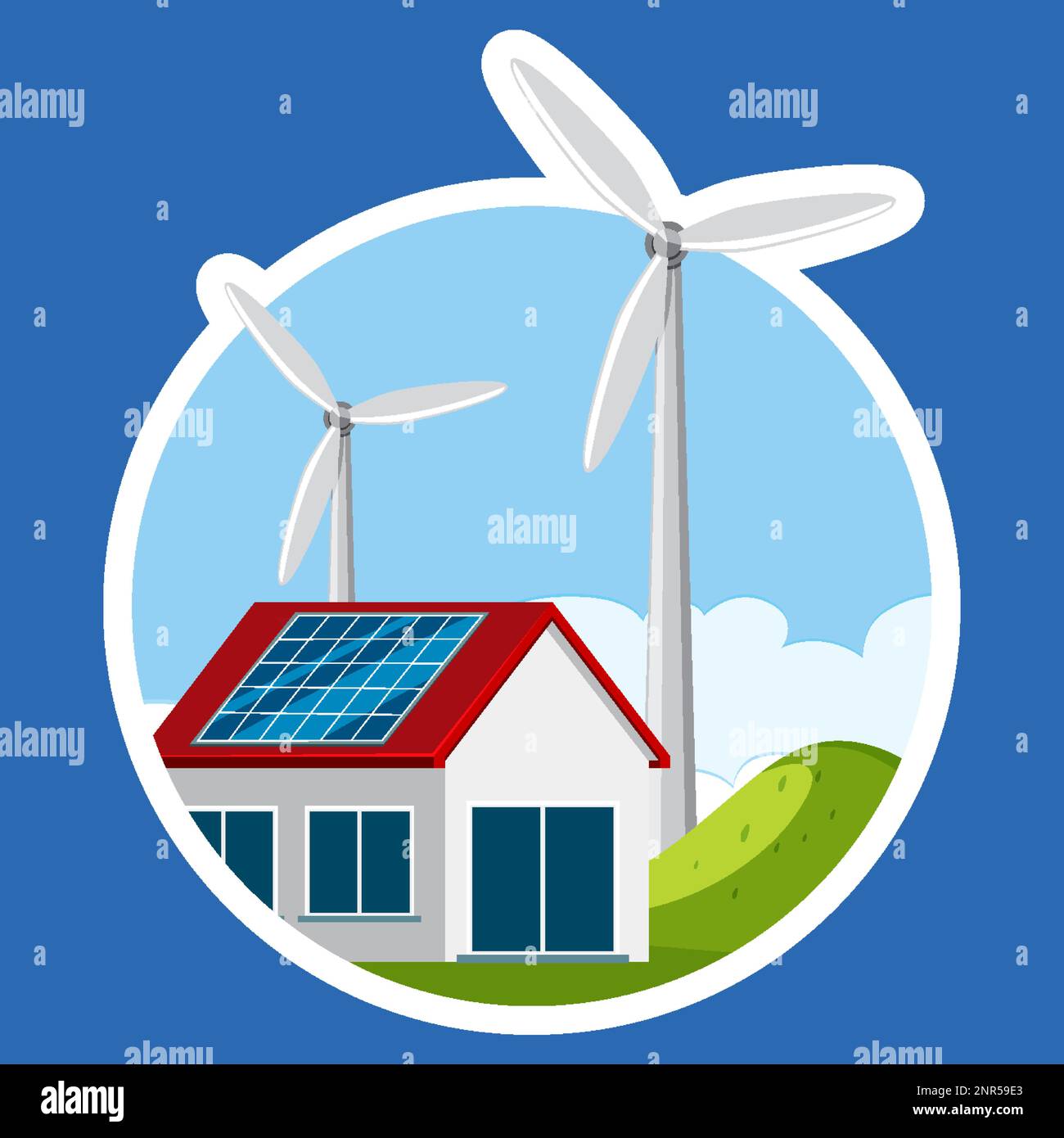 Green energy concept with house and wind turbines illustration Stock ...