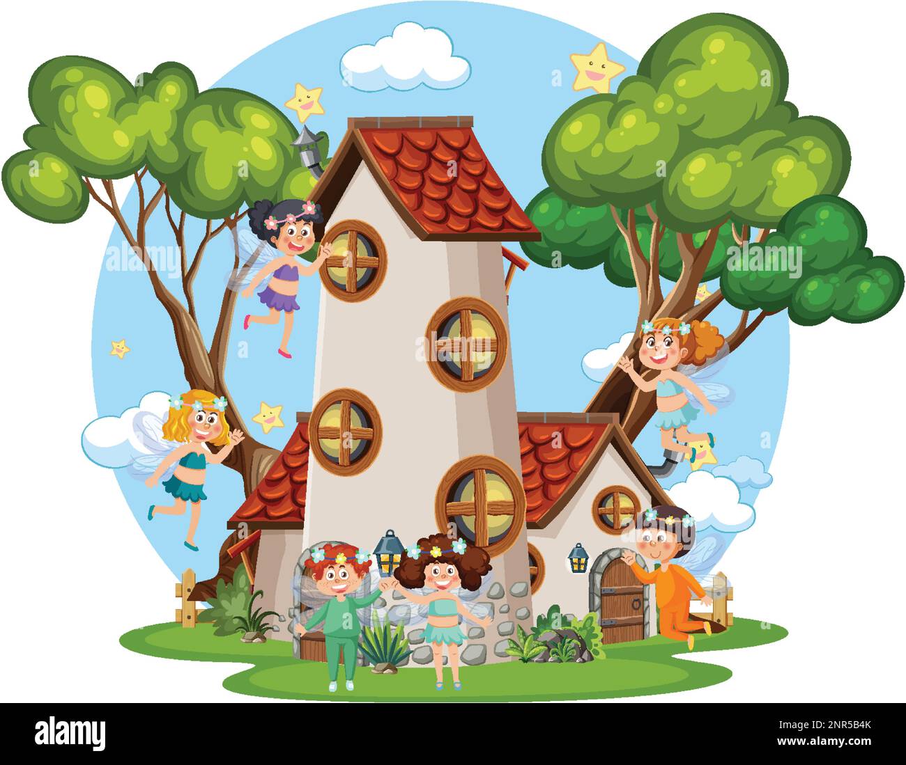 Fairies flying around fairytale tower illustration Stock Vector Image ...