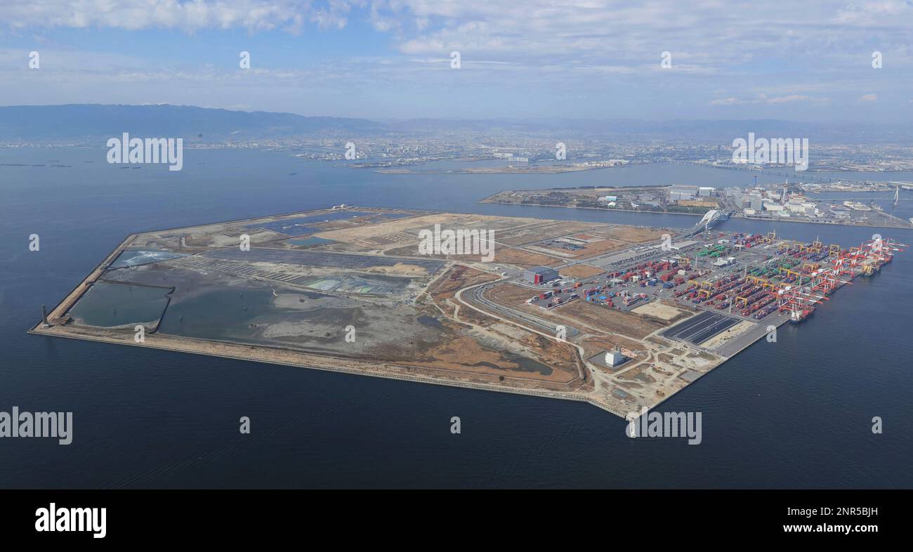 An aerial photo shows artificial island Yumeshima which will be held ...