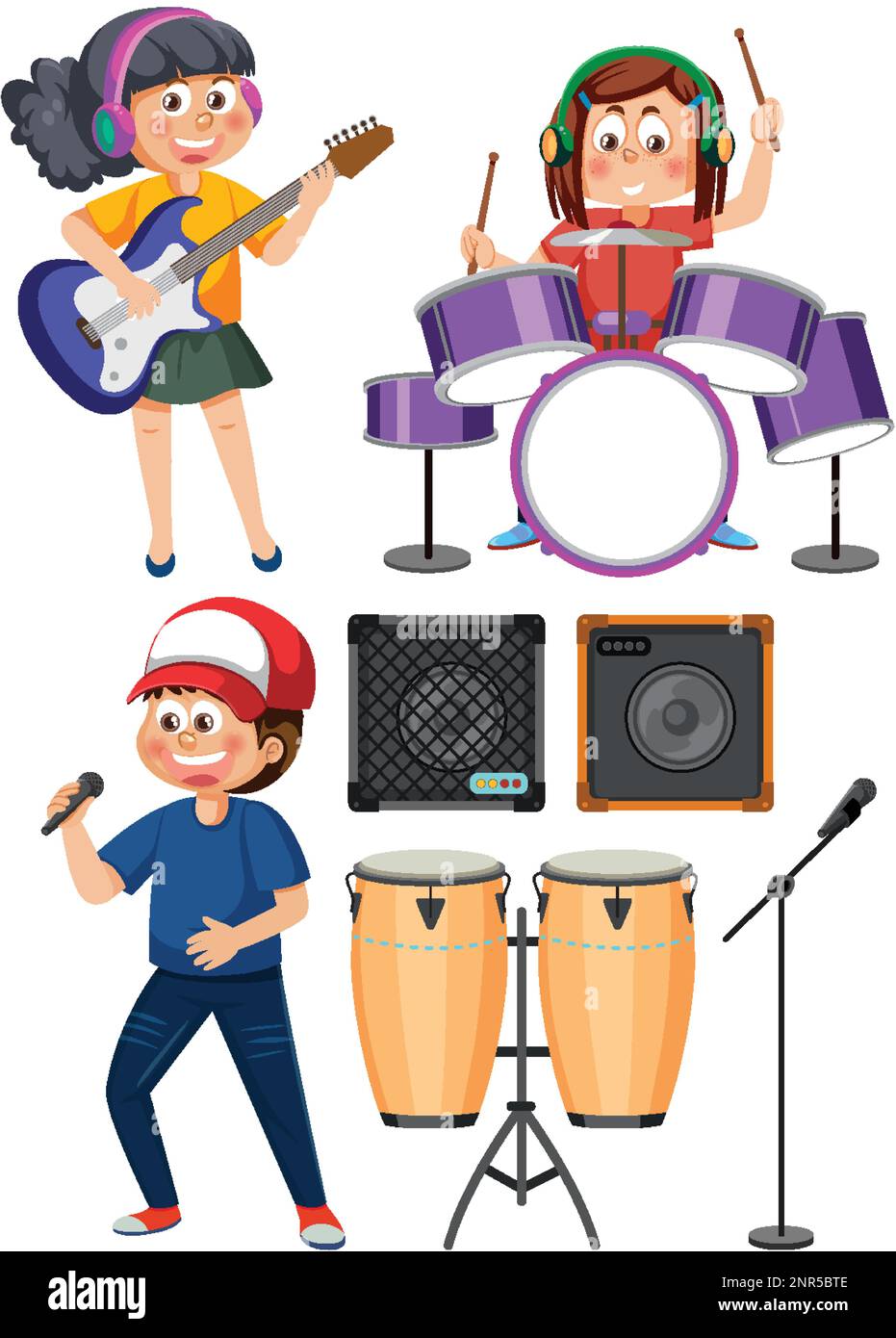 Set of cartoon kids character with music instruments illustration Stock ...