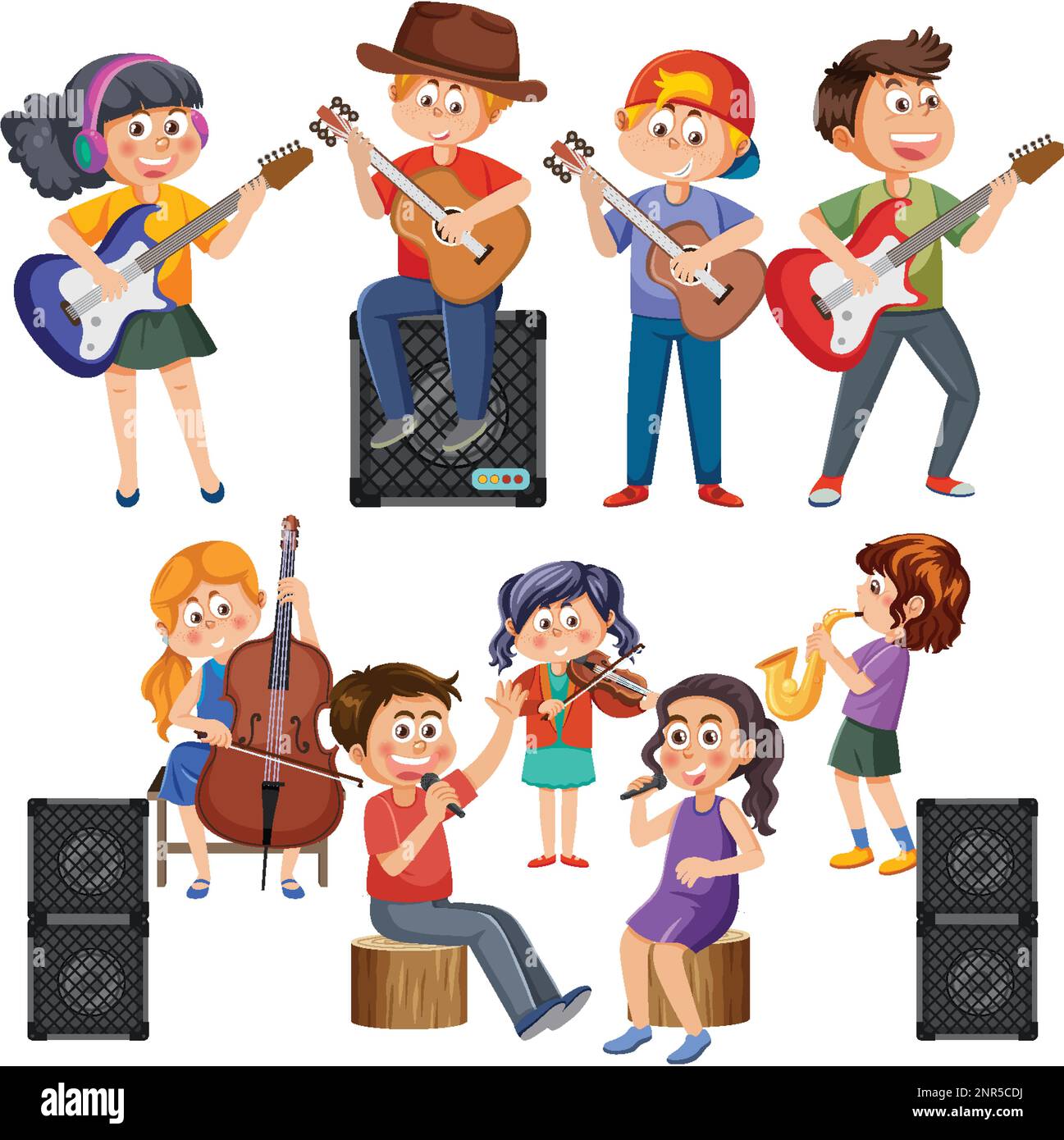 Set of cartoon kids character with music instruments illustration Stock ...