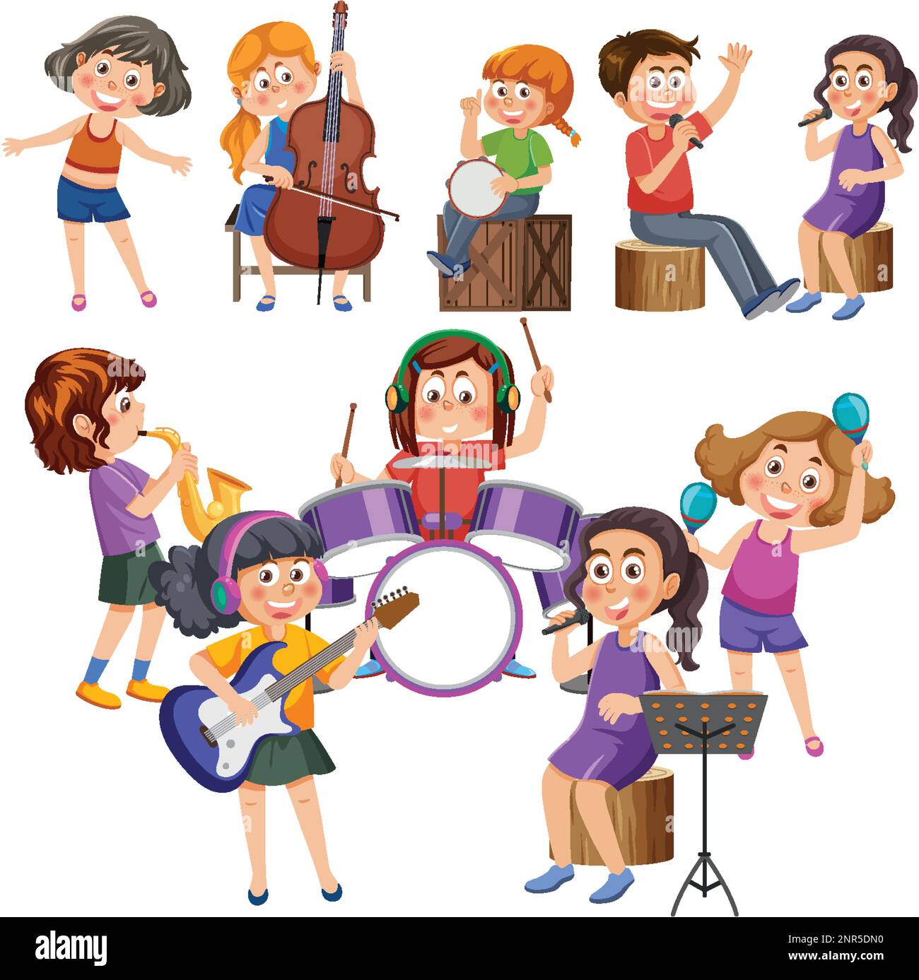 Set of cartoon kids character with music instruments illustration Stock ...