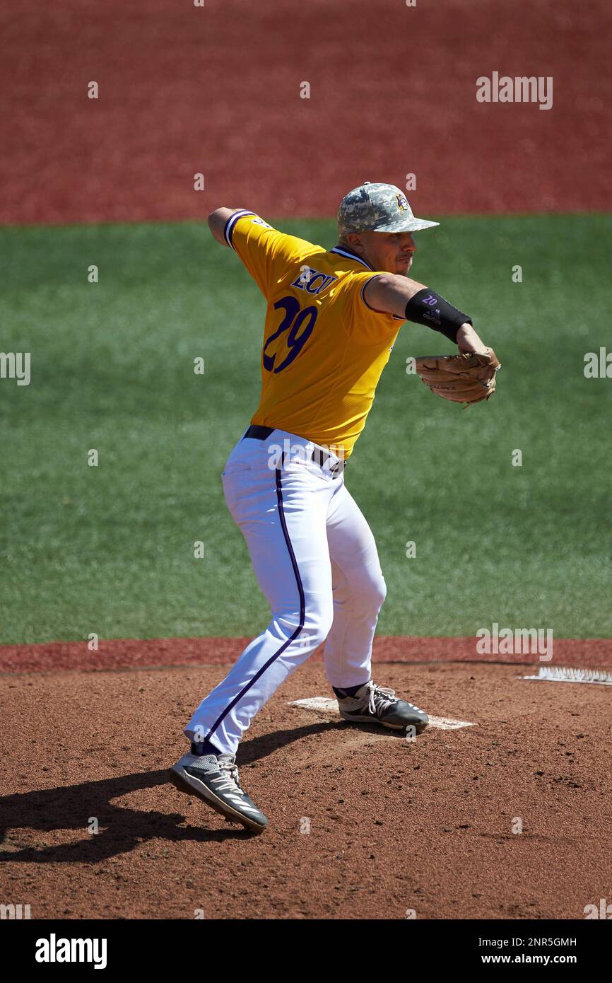 East Carolina Pirates starting pitcher Jake Kuchmaner (29) makes a pick ...