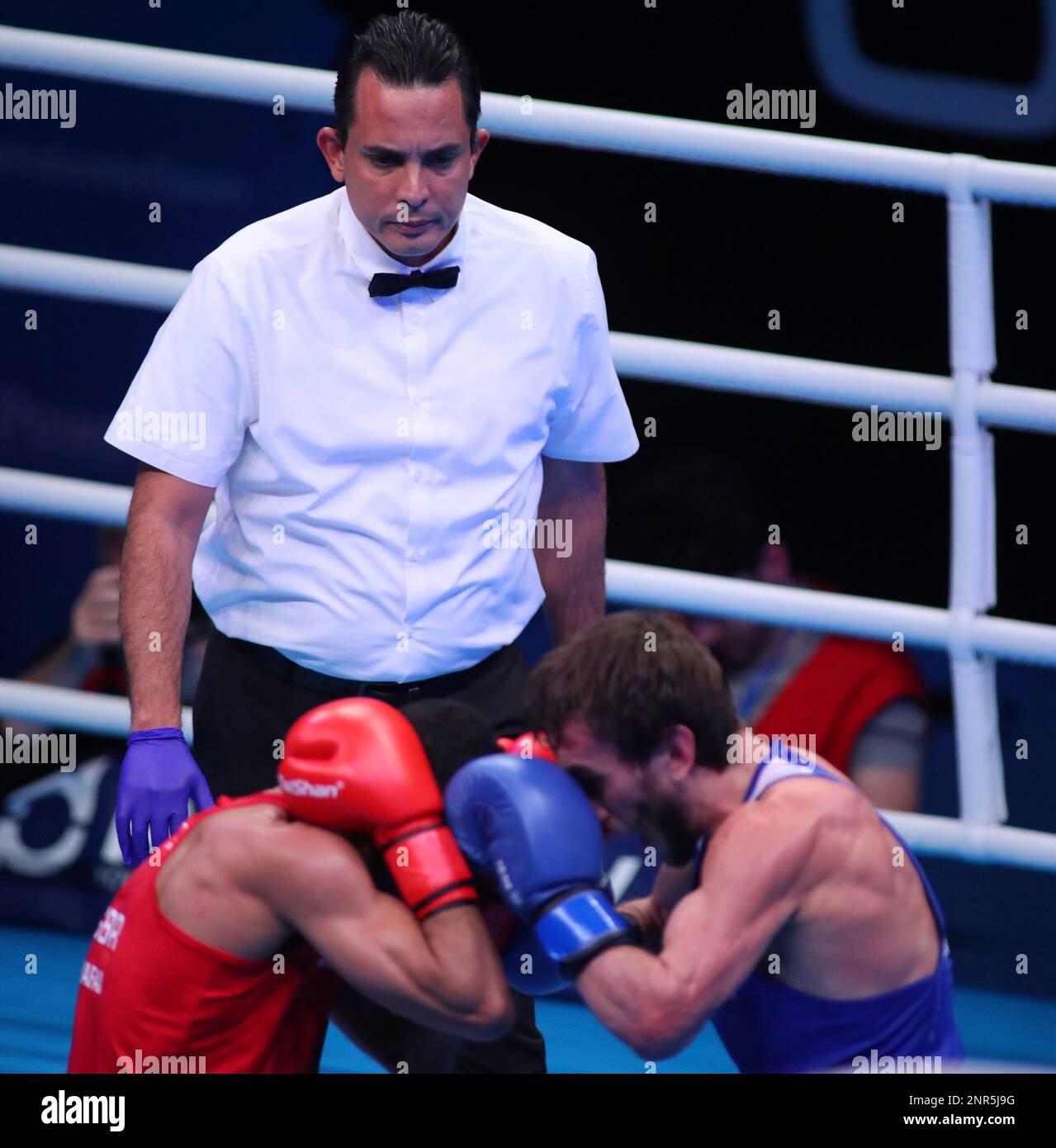 Galal Yafai of Great Britain, wearing Red and Rasul Saliev of Russia ...