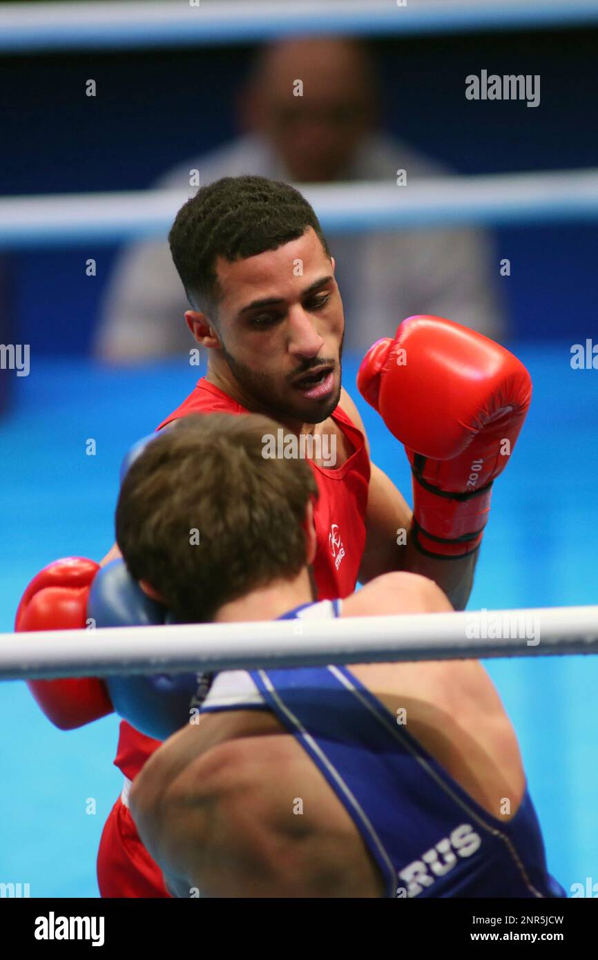 Galal Yafai of Great Britain, wearing Red and Rasul Saliev of Russia ...