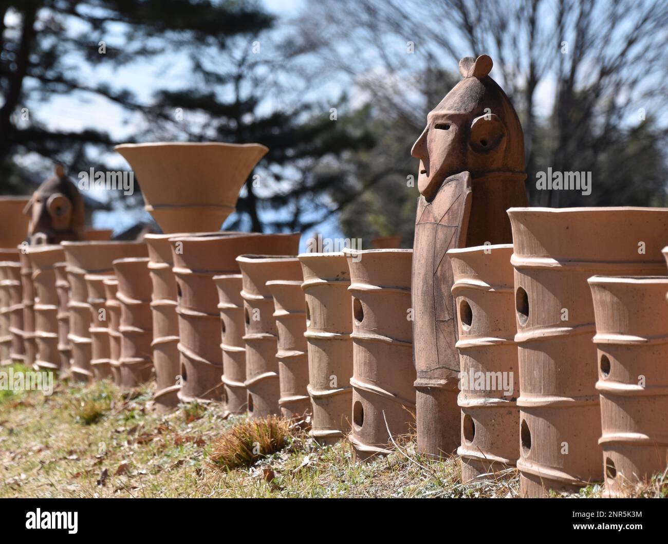 A picture taken on March 15, 2020 shows restored Haniwa set around ...