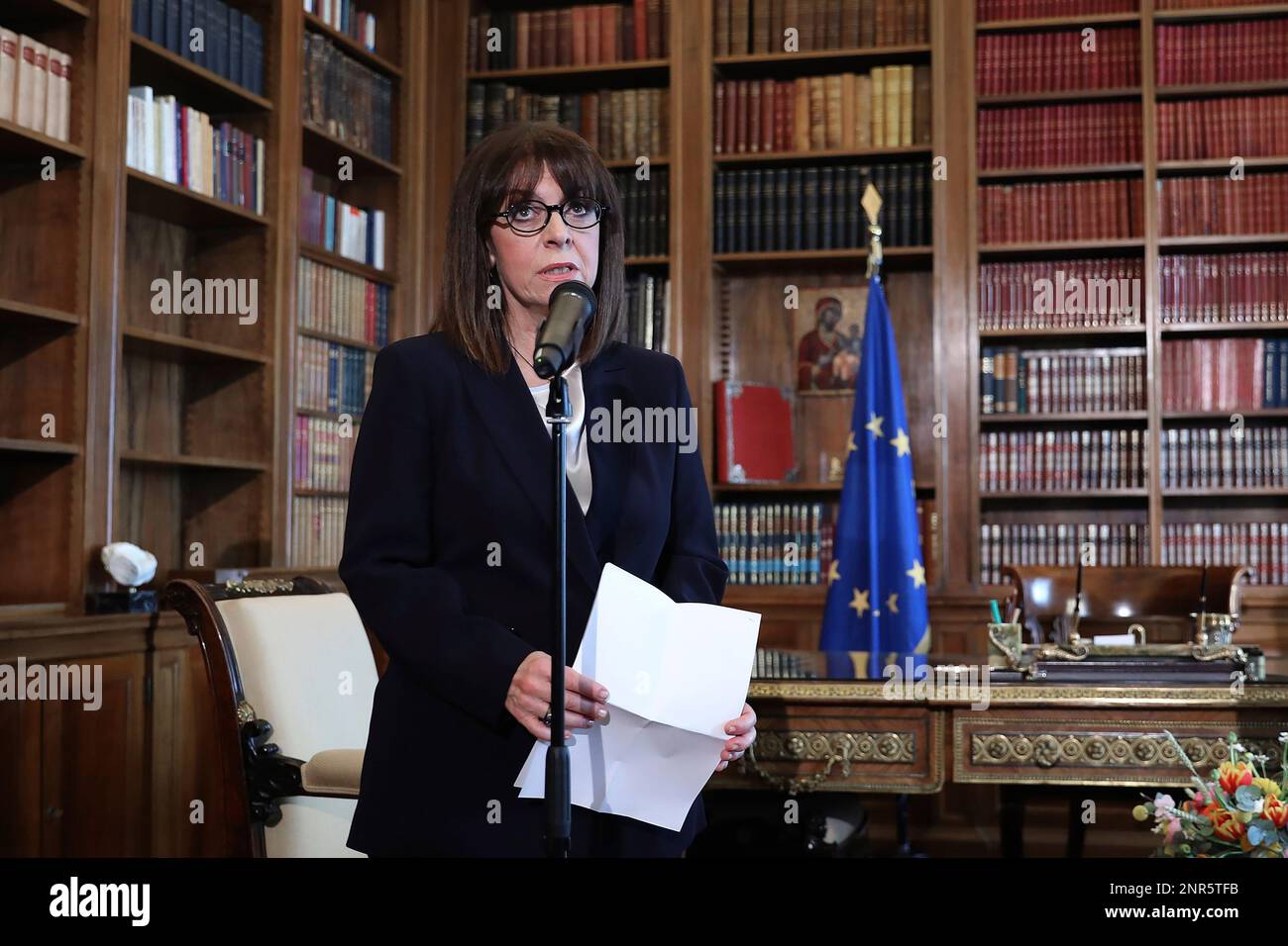 Newly sworn-in Greek President Katerina Sakellaropoulou speaks during a ...