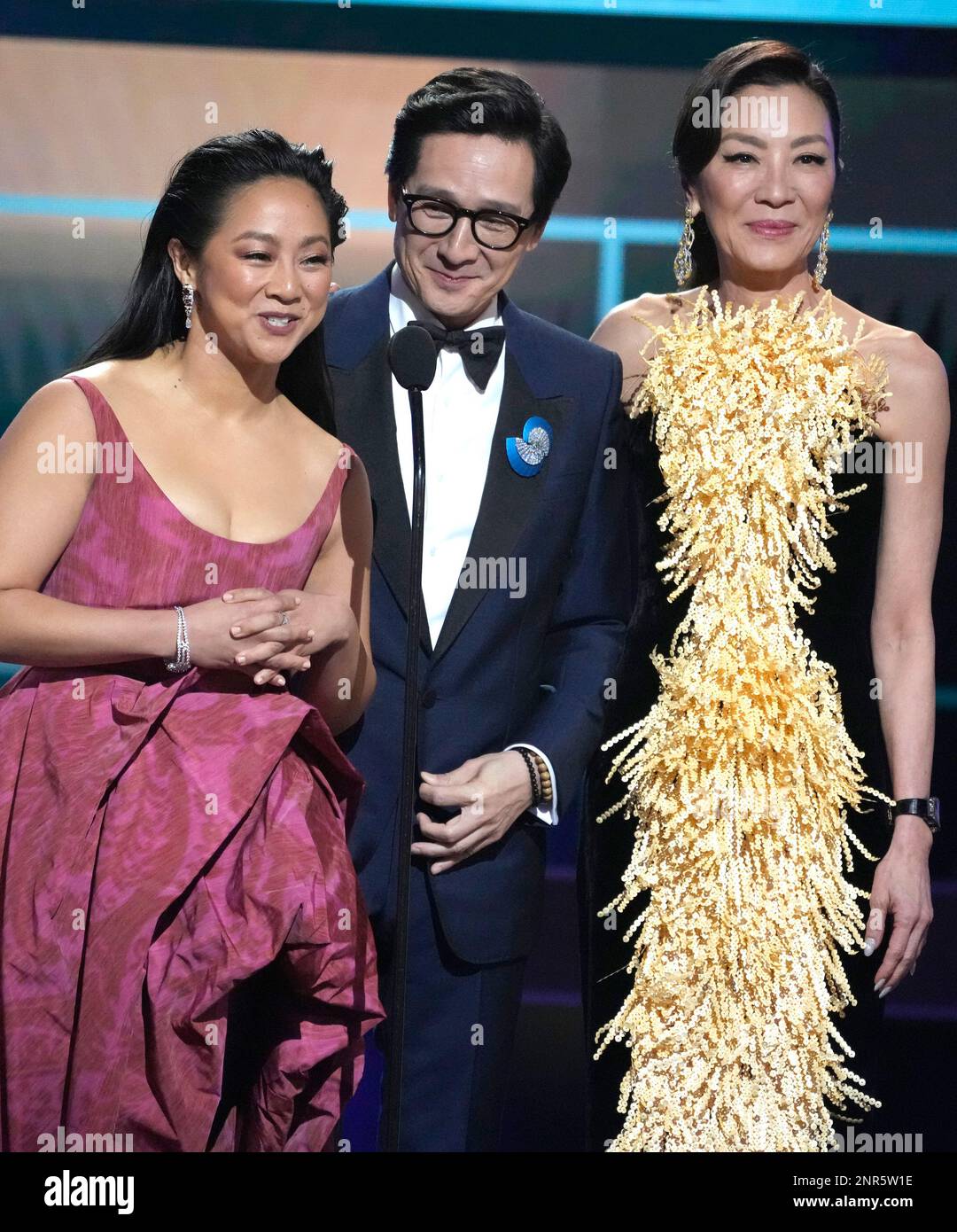 Stephanie Hsu, from left, Ke Huy Quan, and Michelle Yeo, members of the cast of "Everything ...