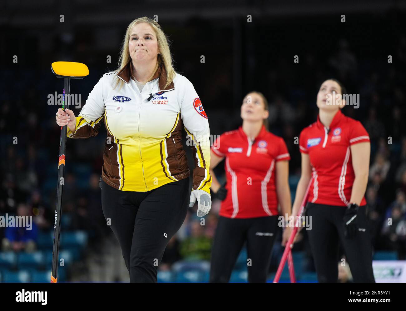 Manitoba skip Jennifer Jones reacts to her shot as Team Canada lead ...