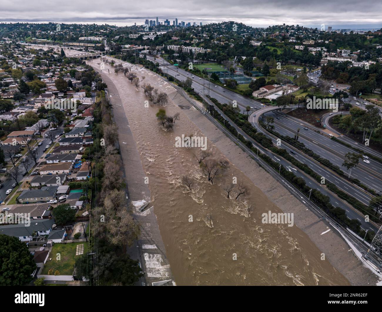 Los Angeles, USA. 25th Feb, 2023. Drone view of a rain water swollen ...