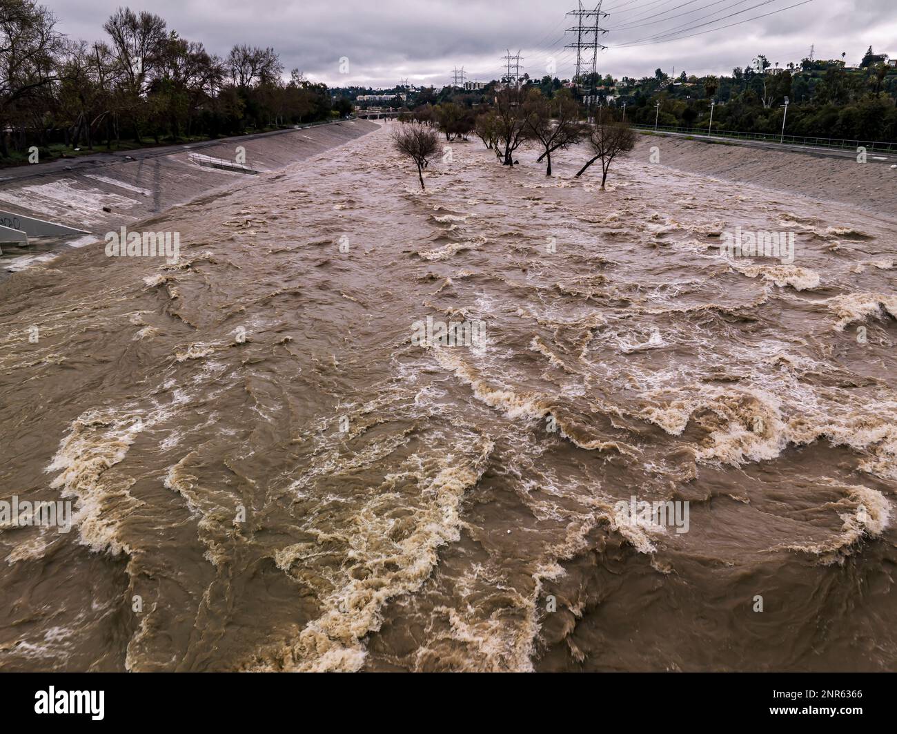 Los Angeles, USA. 25th Feb, 2023. Drone view of a rain water swollen ...