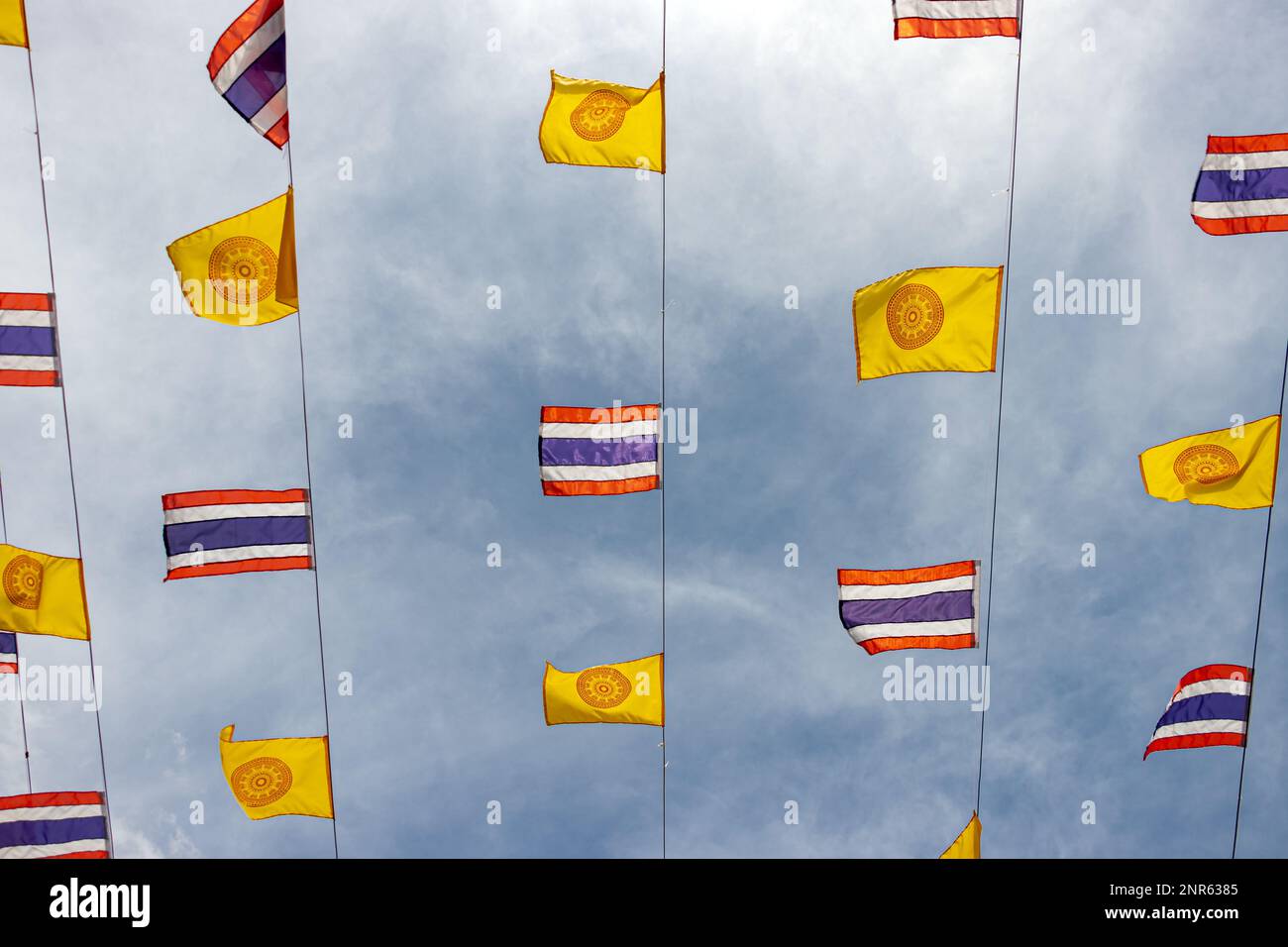 The national and Buddhist flags of Thailand fly on ropes above the ...