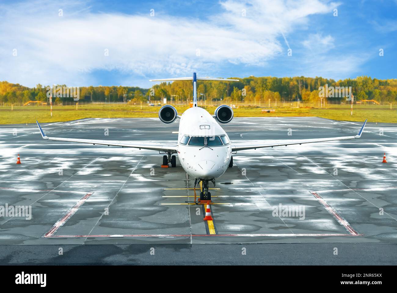 aircraft on runway preparing for takeoff at the airport. Preparation of ...
